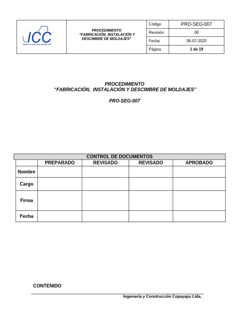Pro-007 - Fabricaci - N e Instalaci - N de Moldajes | PDF | Hormigón | Seguridad y salud ocupacional
