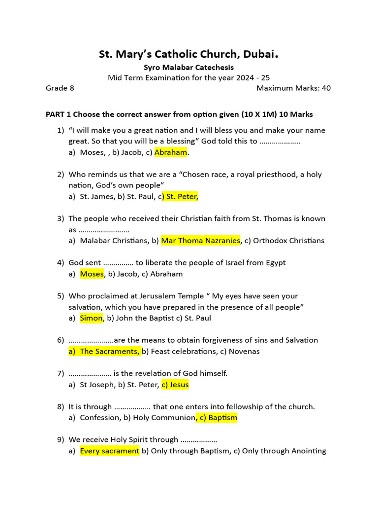 Syro Malabar Grade 8 Exam 2024-25 | PDF | Jesus | Faith