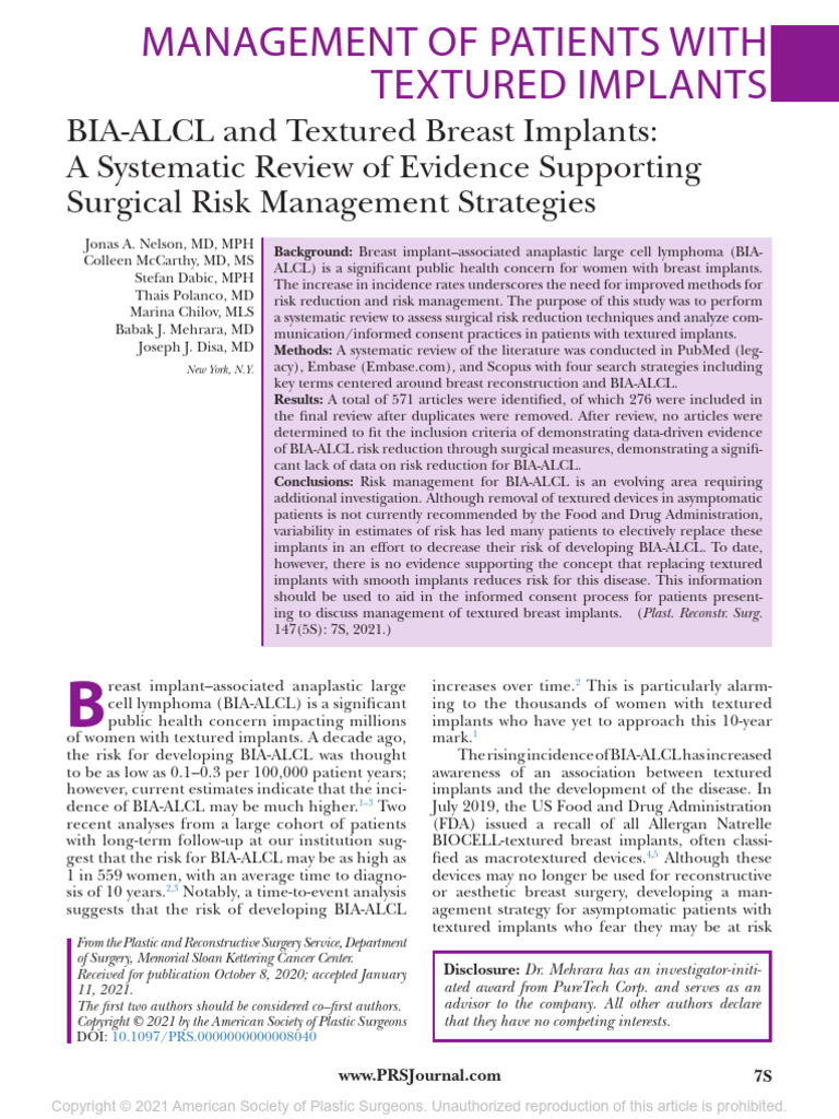 BIA-ALCL and Textured Breast Implants - A Systematic Review of Evidence ...