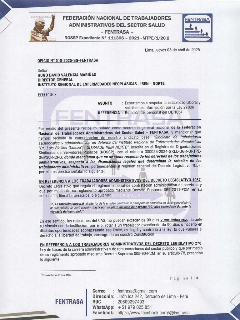 Oficio N°018-2025-Sg-Fentrasa | PDF