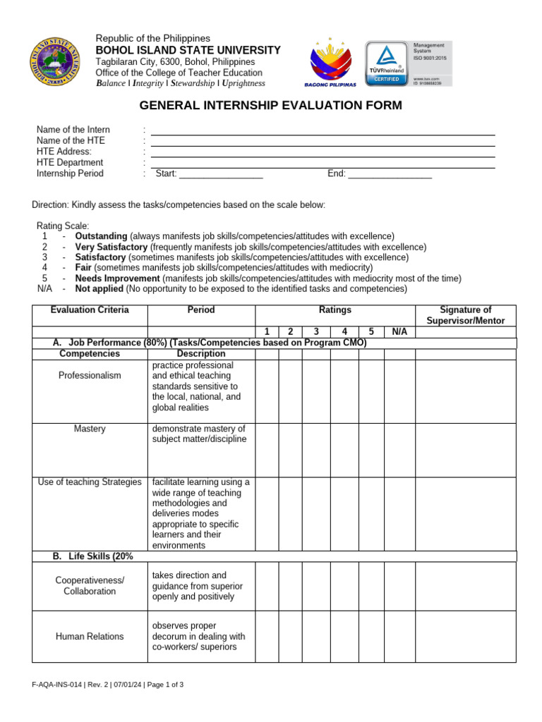 General Internship Evaluation Form New 1 | PDF | Behavior Modification ...