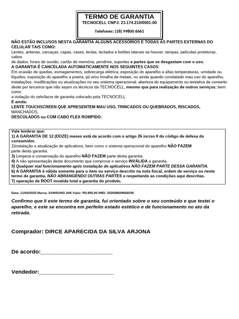 TERMO DE GARANTIA Tecnocell | PDF