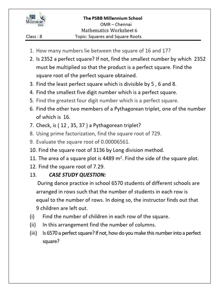 Class 8 Squares and Square Roots Worksheet | PDF