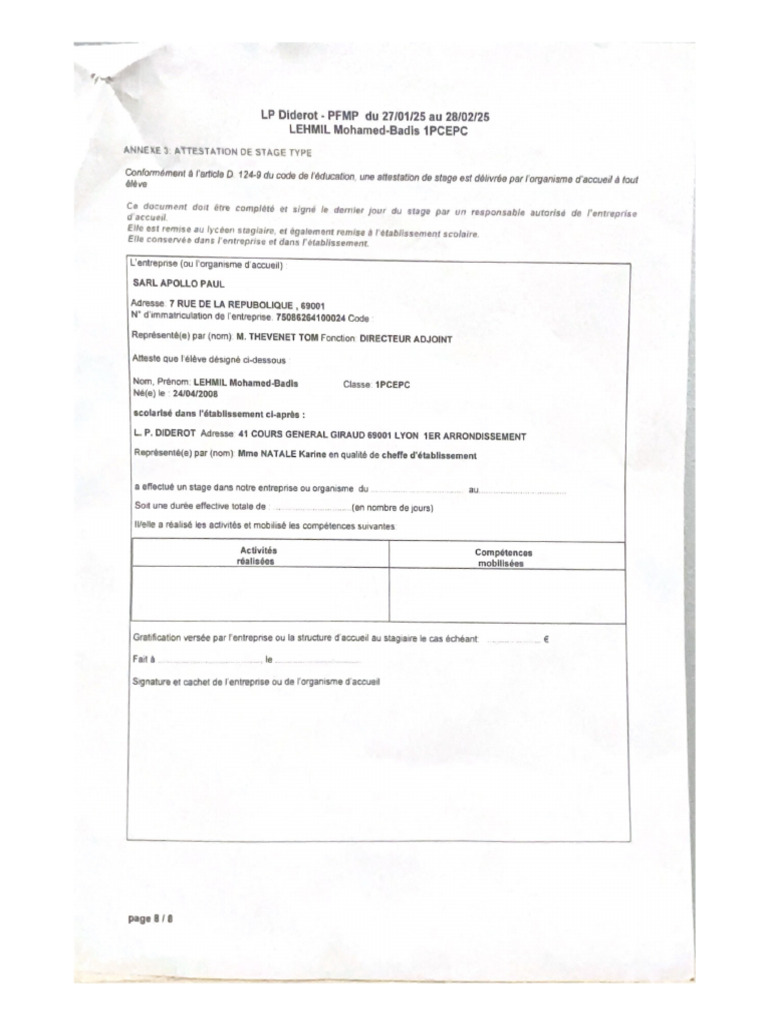 LP Diderot - PFMP Du 270125 Au 280225 | PDF