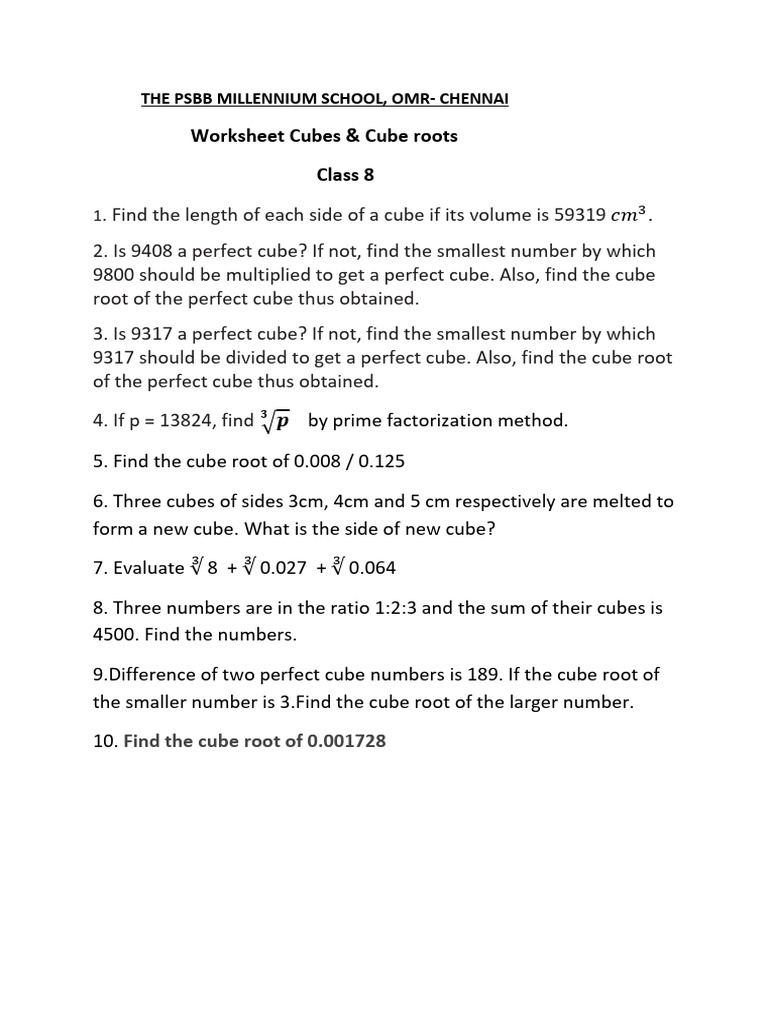 Cube & Cube Roots - Worksheet. | PDF