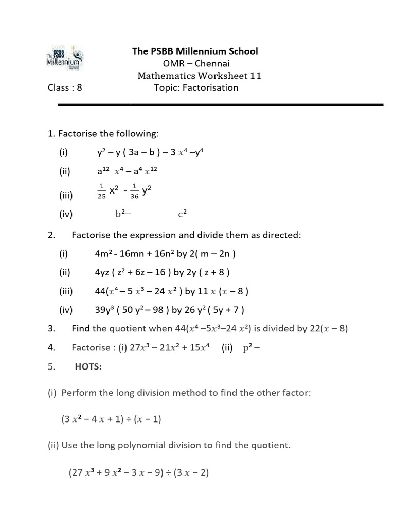 Factorisation - Worksheet | PDF