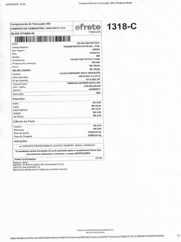 Carta Frete e Frete Ciot 160023308707-7617 Recibo 468 Saldo | PDF