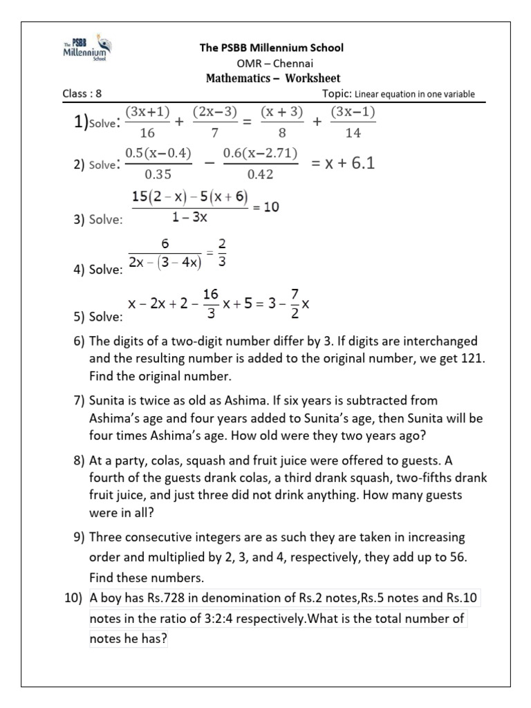 Linear Equations in One Variable - Worksheet. | PDF