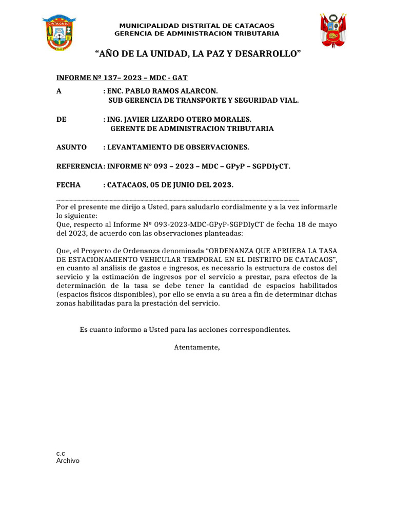 INFORME LEVANTAMIENTO DE OBSERVACIONES ORDENANZAS 137 | PDF
