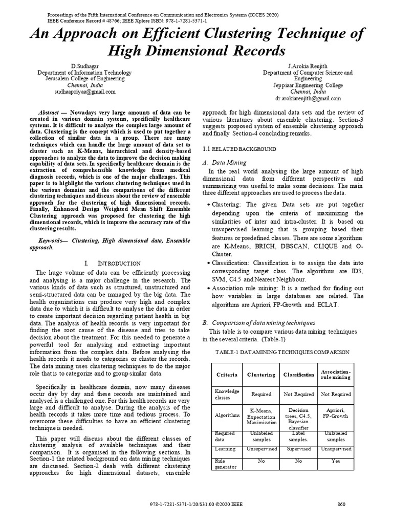 An Approach On Efficient Clustering Technique of High Dimensional Records | PDF | Cluster ...