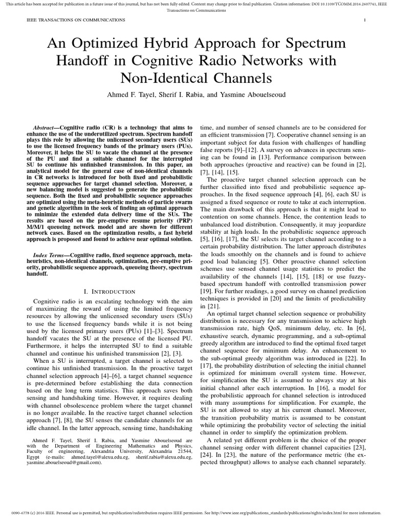 An Optimized Hybrid Approach For Spectrum Handoff in Cognitive Radio Networks With Non-Identical ...