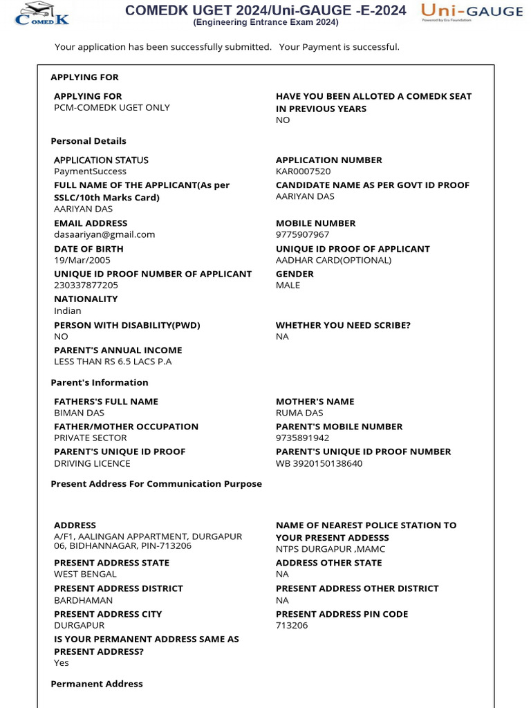 COMEDK 2024 Application Confirmation | PDF