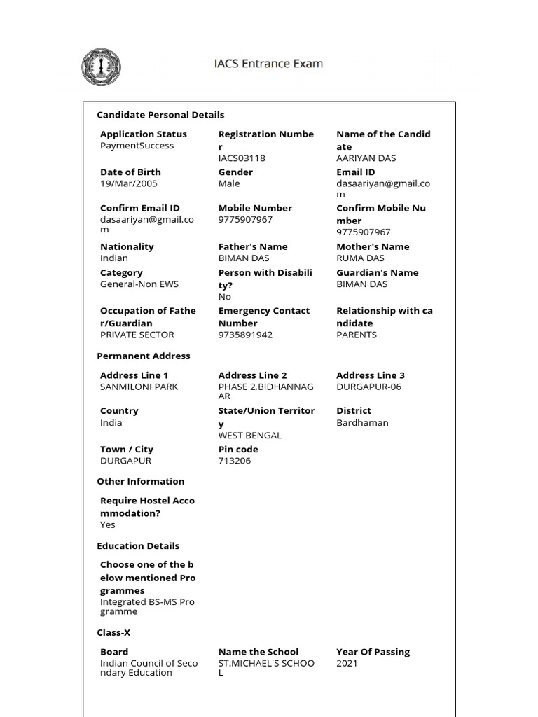 IACS UG PG Entrance Exam 2024 | PDF