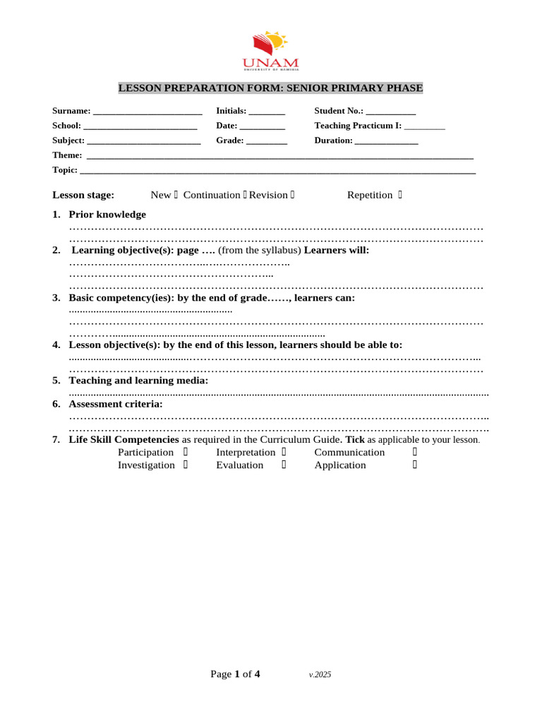 Senior Primary Lesson Preparation Form | PDF | Learning | Lesson Plan