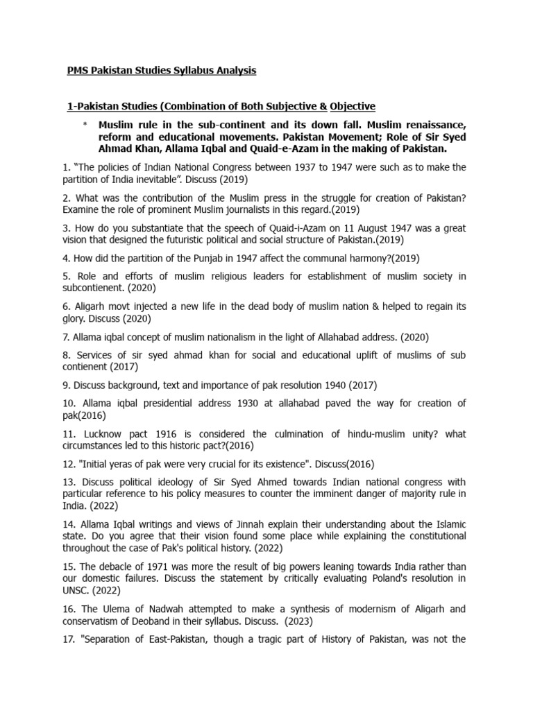 PMS Pakistan Studies Syllabus Overview | PDF | Pakistan | Pakistan Movement