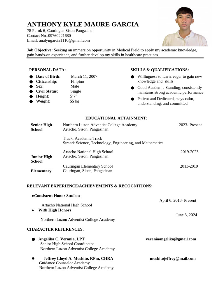 Resume Format Work Immersion 2 | PDF