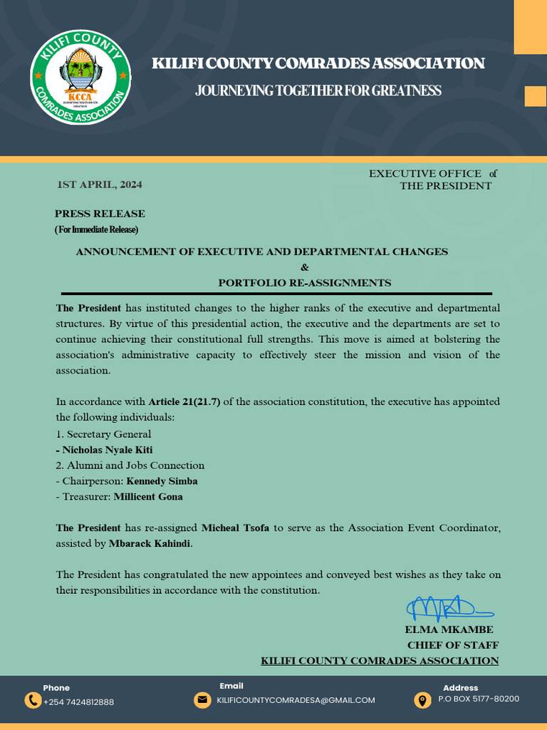 Announcement of Executive and Departmental Changes & PORTFOLIO RE-ASSIGNMENTS | PDF