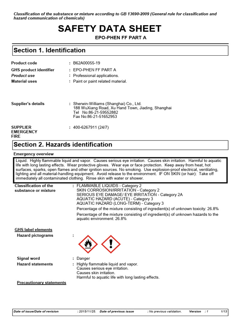 Paint - Epo-Phen FF Part A Safety Datasheet | PDF | Toxicity | Personal Protective Equipment