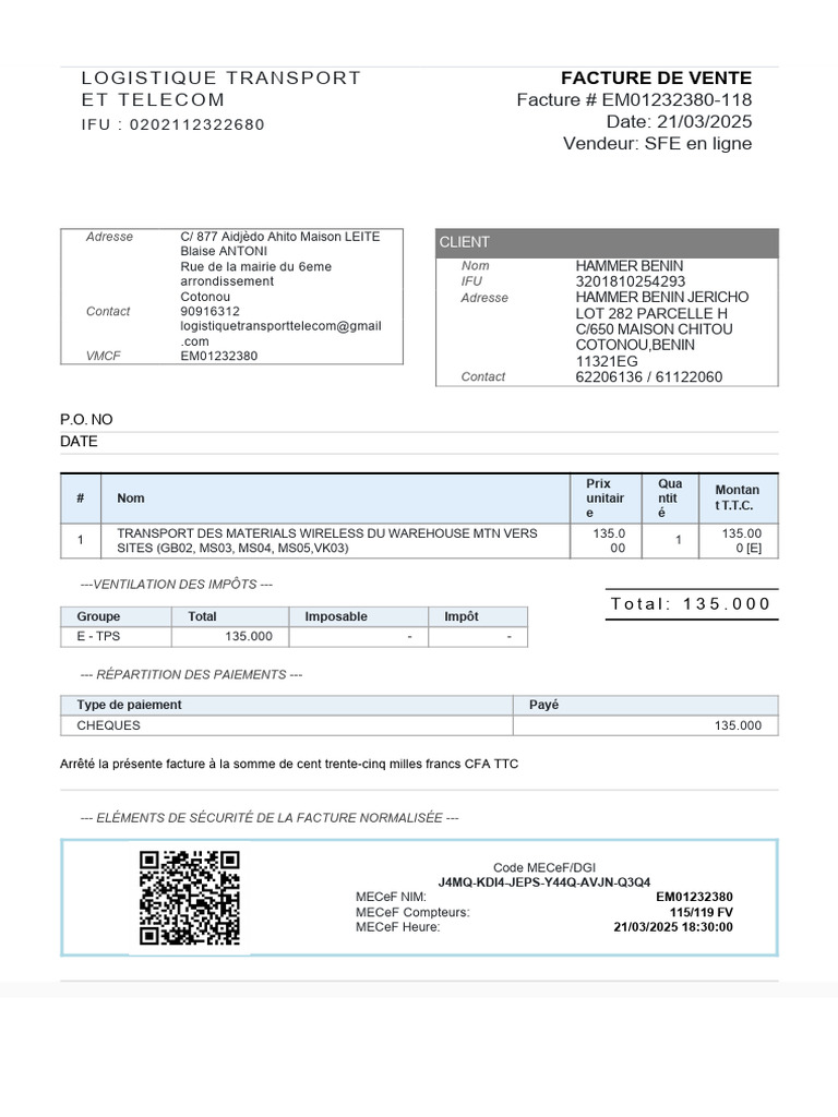 Facture de transport SFE en ligne 2025 | PDF