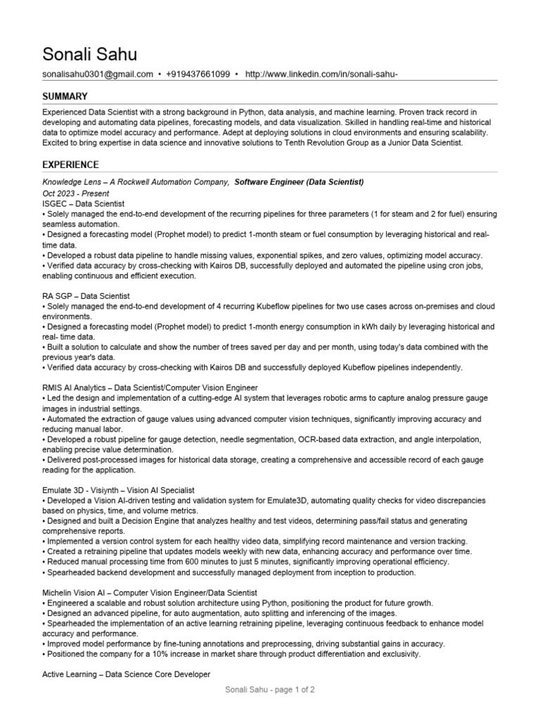 Resume Sonali Sahu Tenth Revolution Group | PDF | Automation | Data Science