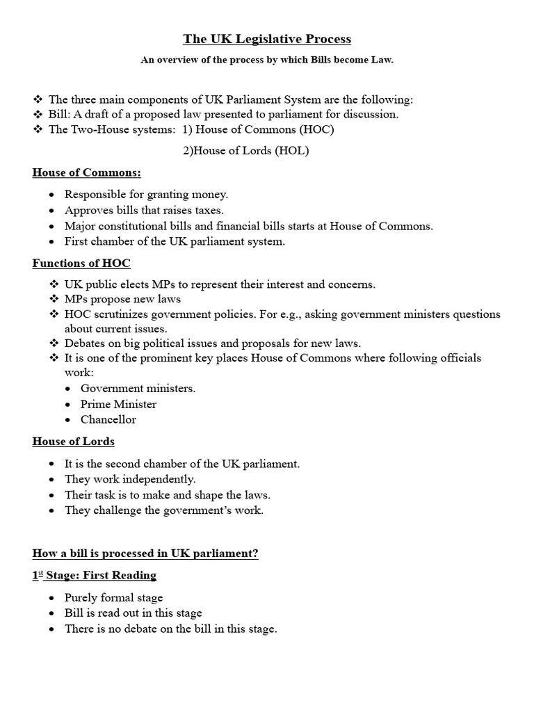 The UK Legislative Process | PDF | Bill (Law) | Parliament Of The ...