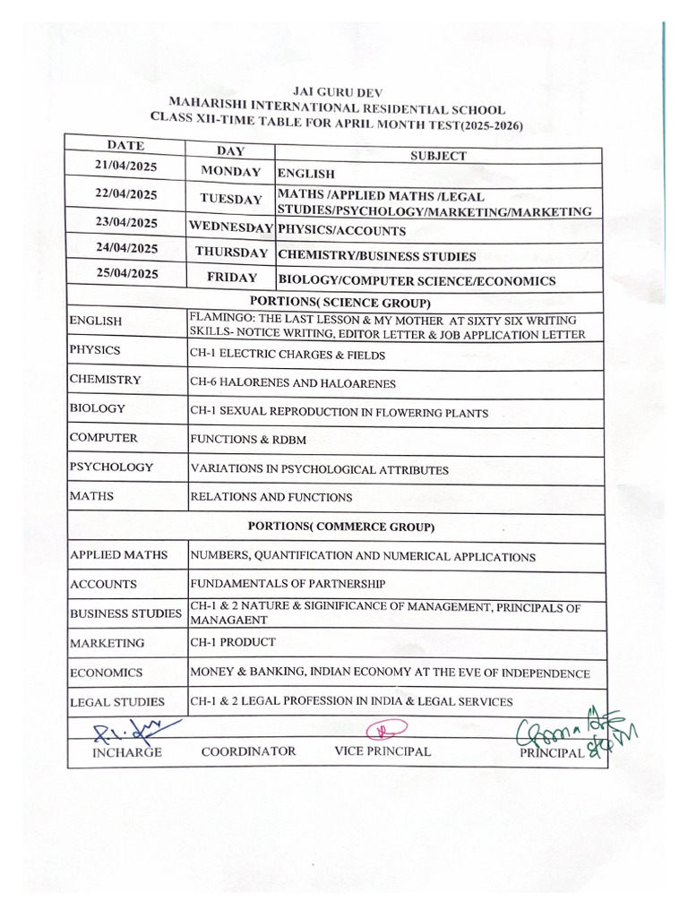 Class 12 Time Table | PDF