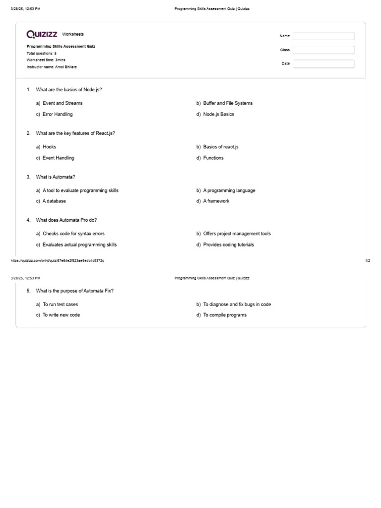 Programming Skills Assessment Quiz - Quizizz | PDF