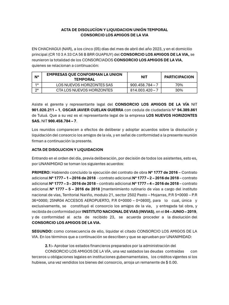 Acta Liquidacion Cons Los Amigos de La Via | PDF | Consorcio | Liquidación
