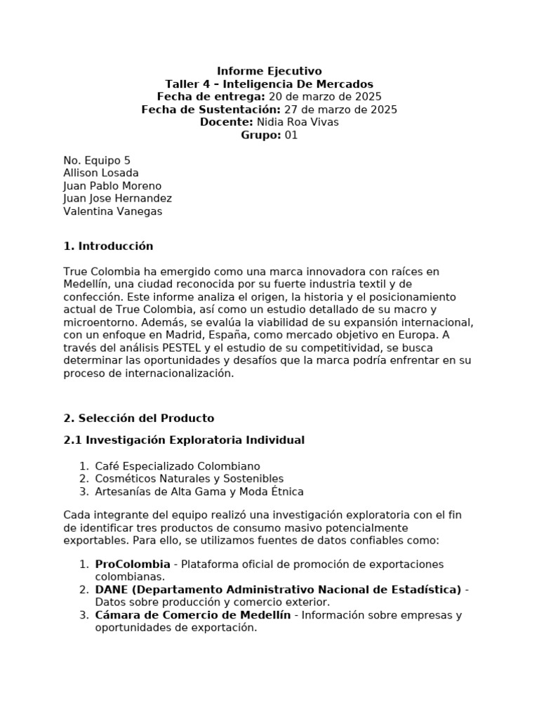 Informe Ejecutivo Taller No. 4 Inteligencia de Mercados | PDF | Moda | Colombia