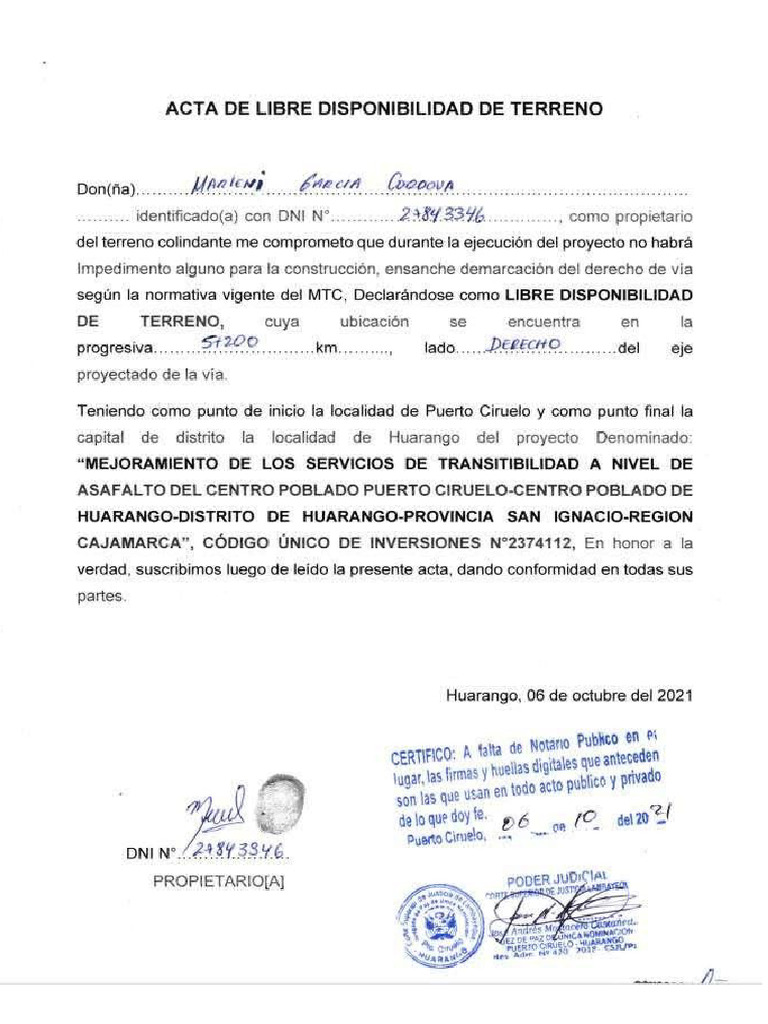 Acta de Libre Disponibilidad de Terreno | PDF