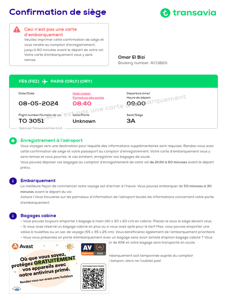 Transavia Seat Confirmation | PDF | Aviation | Transport