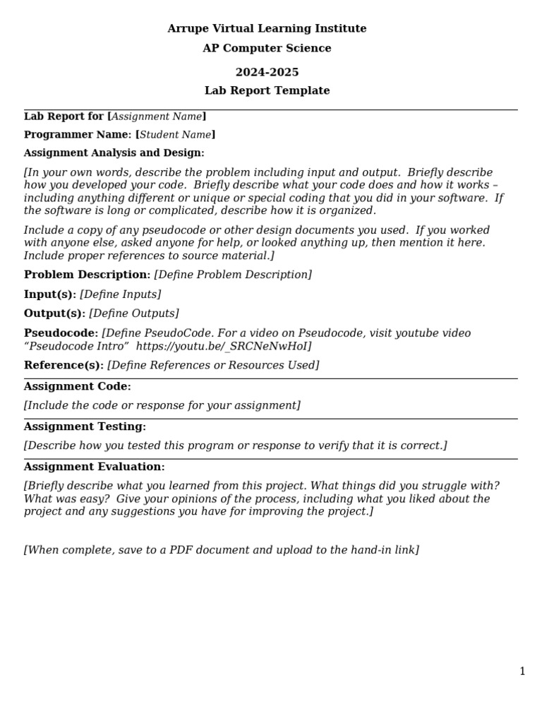 AVLI AP CS Lab Report Template | PDF