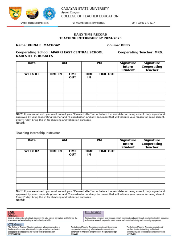 Cagayan State University Internship Record | PDF | Teacher Education ...