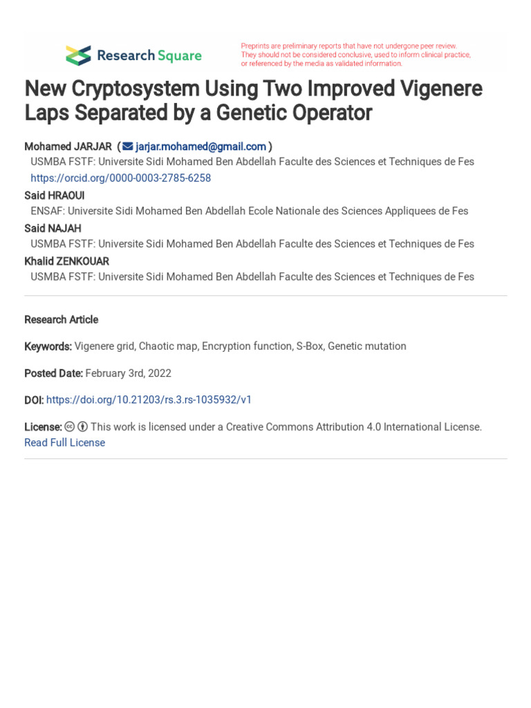 New Cryptosystem Using Two Improved Vigenere Laps Separated by a Genetic Operator | PDF | Matrix ...