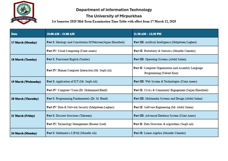 IT-Midterm Time Table | PDF