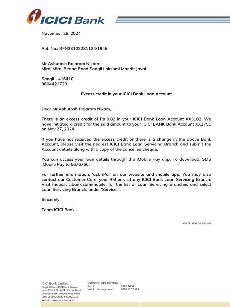 Excess Credit Notification for Loan Account | PDF
