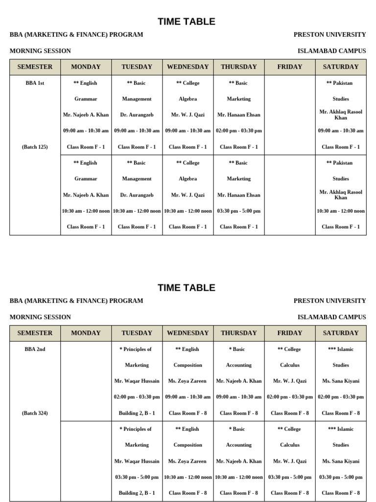 Spring 2025 Time Table. | PDF
