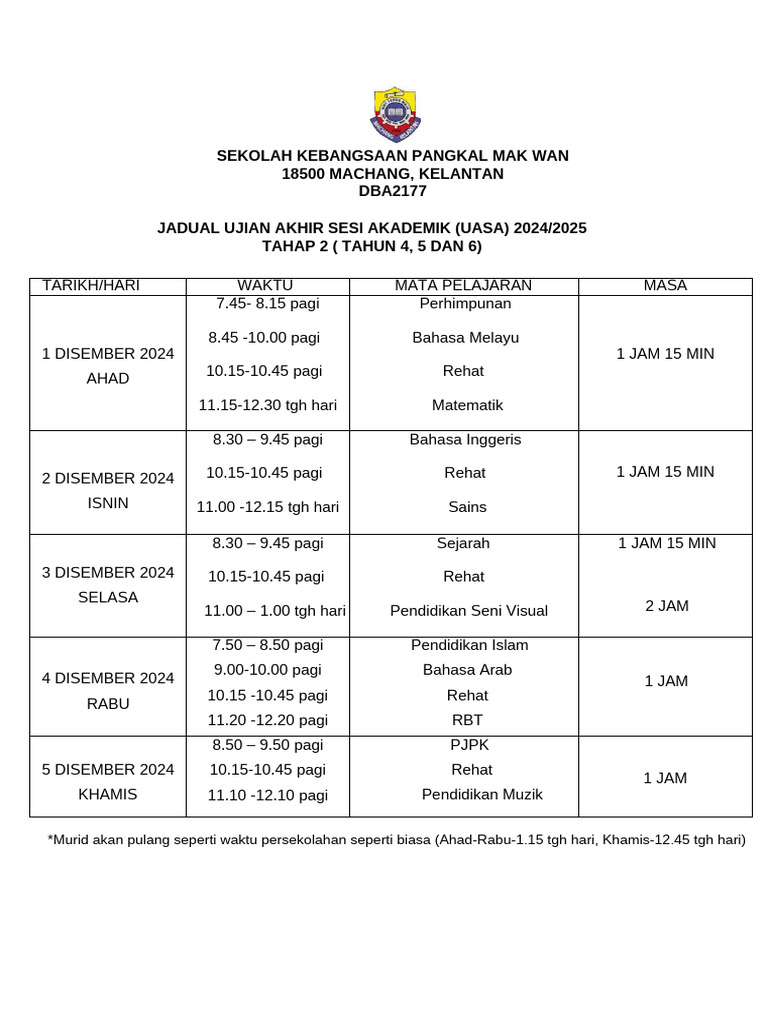 JADUAL UASA 2024 | PDF