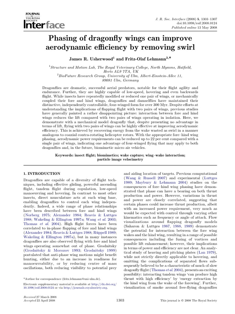 Usherwood Et Al 2008 Phasing of Dragonfly Wings Can Improve Aerodynamic ...