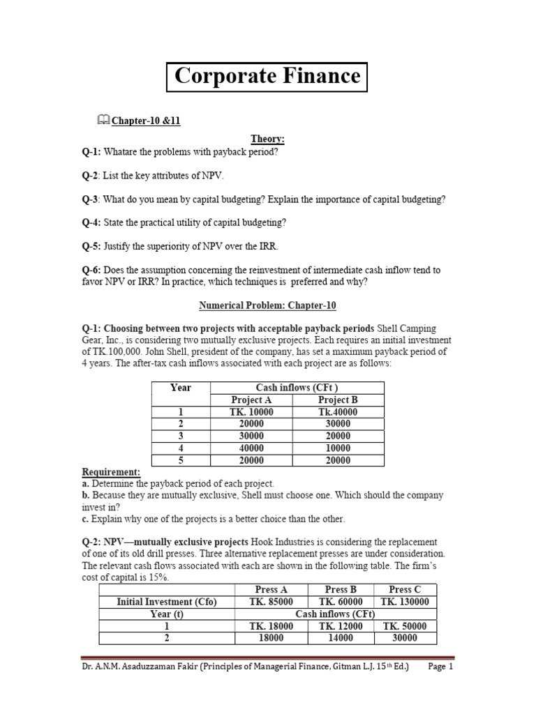 Corporate Finance Assignment Questions | PDF | Capital Budgeting | Net ...