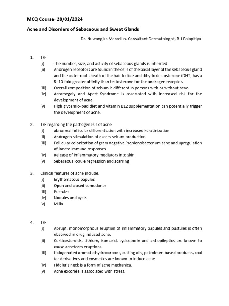 Acne and Disorders of Sebaceous Gland - MCQ 2024 - 28th Jan 2024 - Dr ...