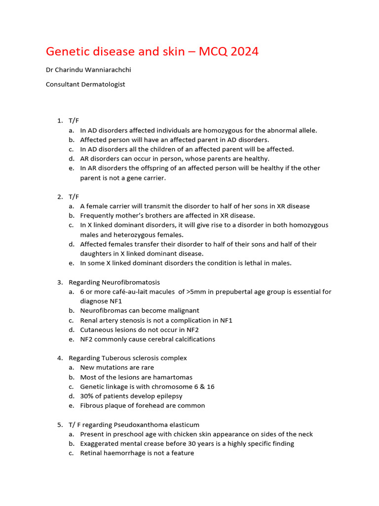 Genetic disease and skin - MCQ Course 2024 - Dr Charindu Wanniarachchi | PDF | Zygosity ...