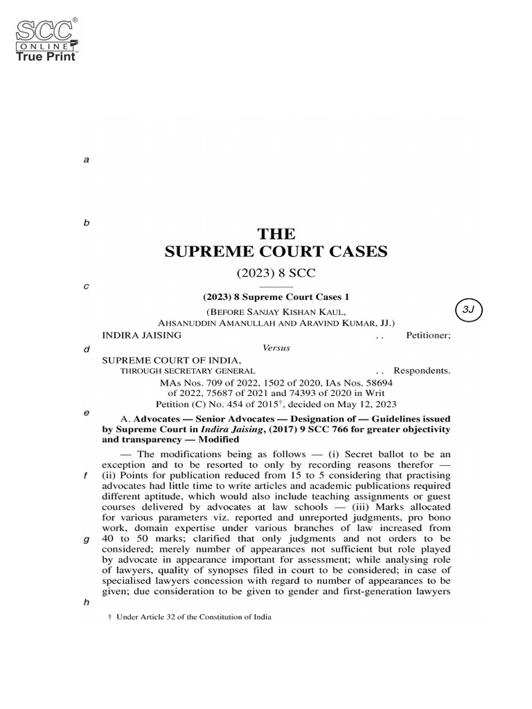 Indira Jaising v. Supreme Court of India, (2023) 8 SCC 1 | PDF | National Supreme Courts ...