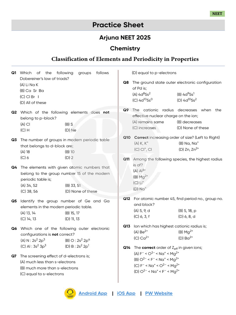 Classification of Elements and Periodicity in Properties - Practice Sheet - Arjuna NEET 2025 ...