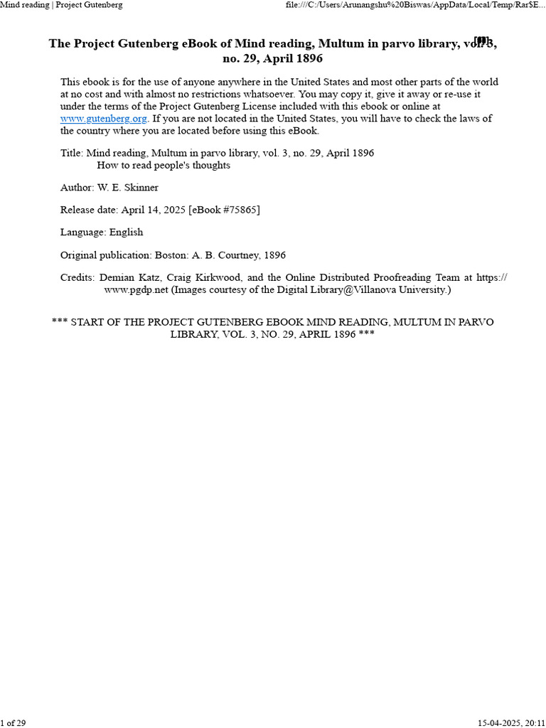 Mind Reading - Project Gutenberg | PDF | Project Gutenberg | Copyright