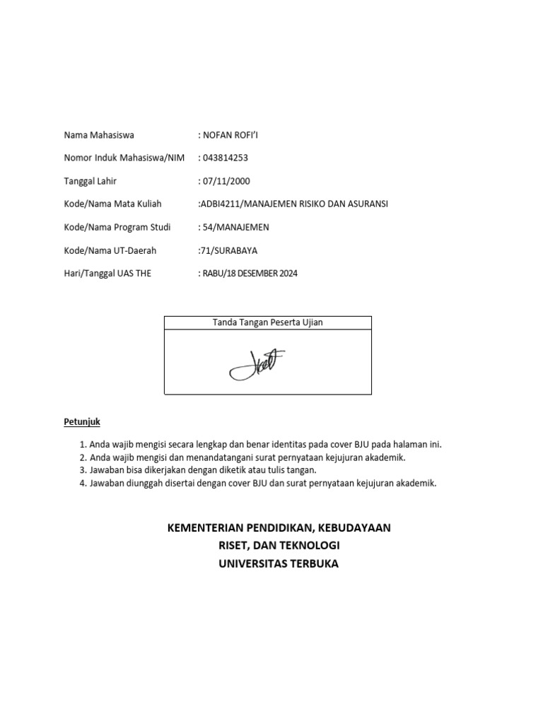 ADBI4211 - MANAJEMEN RISIKO DAN ASURANSI (043814253 - Nofan Rofi'i) | PDF