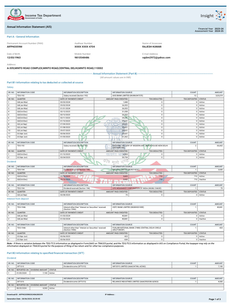 XXXPK0359X_2023-24_AIS (2) | PDF | Tax Refund | Dividend