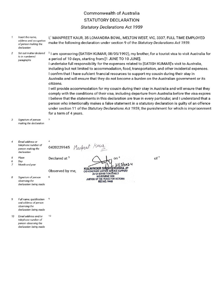 Statutory Declaration Manpreet | PDF