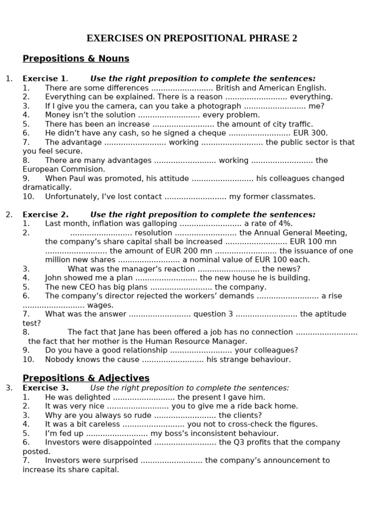 EXERCISES ON PREPOSITIONAL PHRASE 2 | PDF