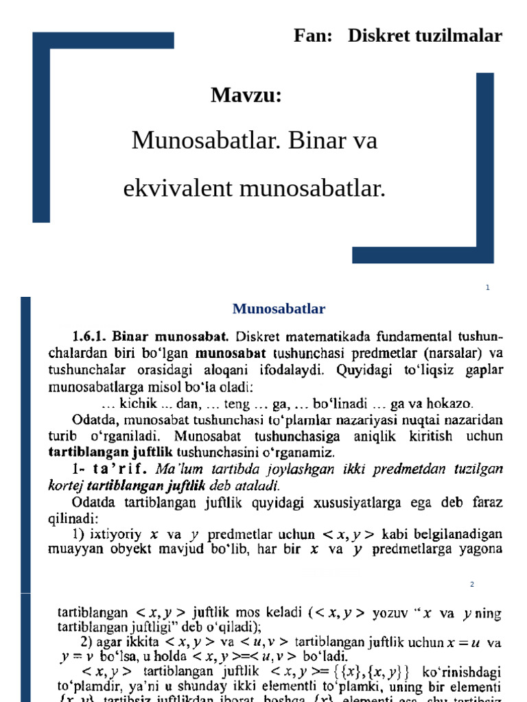 5-Mavzu. Munosabatlar. Binar Va Ekvivalent Munosabatlar | PDF